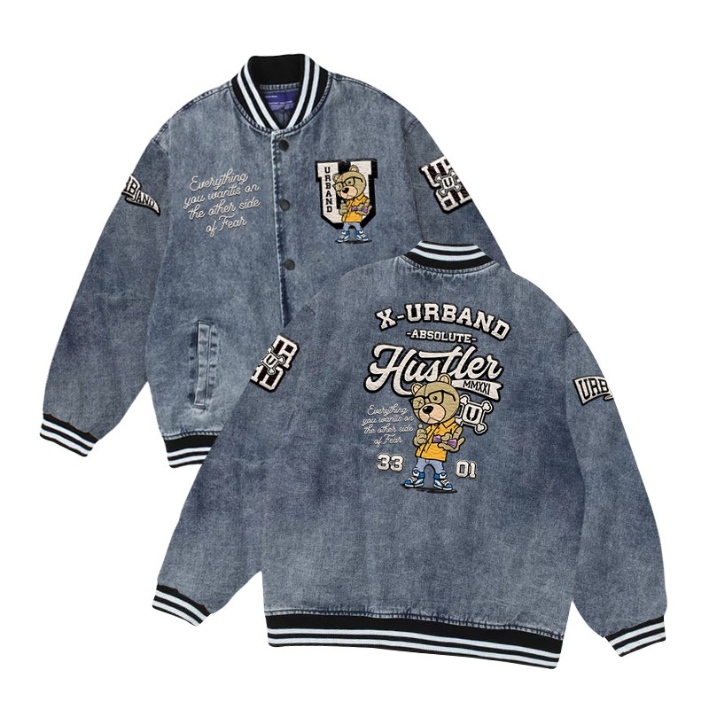 Money Bear Varsity Baseball Jacket/SandWash Denim Jeans Varsity Jacket ...