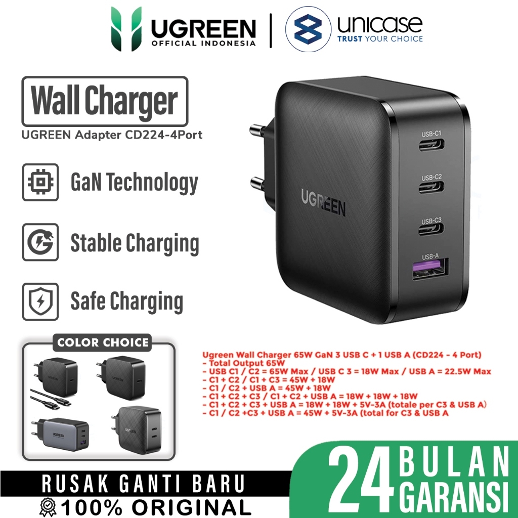 Ugreen USB / Type-C 65W GaN Fast Charging Adapter Head Wall Charger - CD224-4 พอร์ตการรับประกัน ...