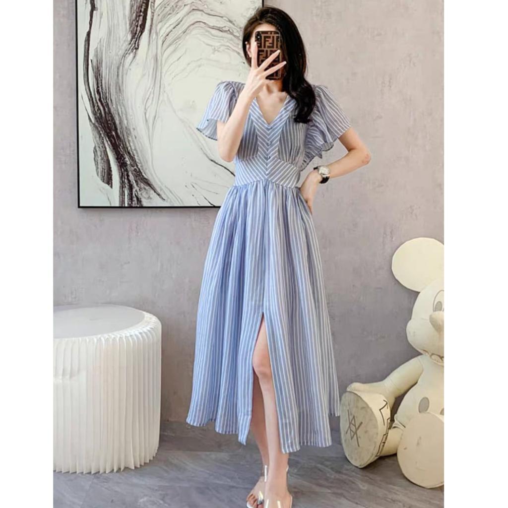 ชุดเดรส 14010 3M THREE M MAEVE STRIPED RUFFLE MIDI DRES พรีเมี่ยม ...