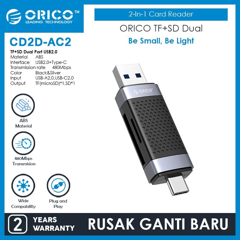 Orico 2In1 เครื่องอ่านการ์ดหน่วยความจํา TF SD USB 2.0 Type C 480Mbps - CD2D-AC2 | Shopee Thailand