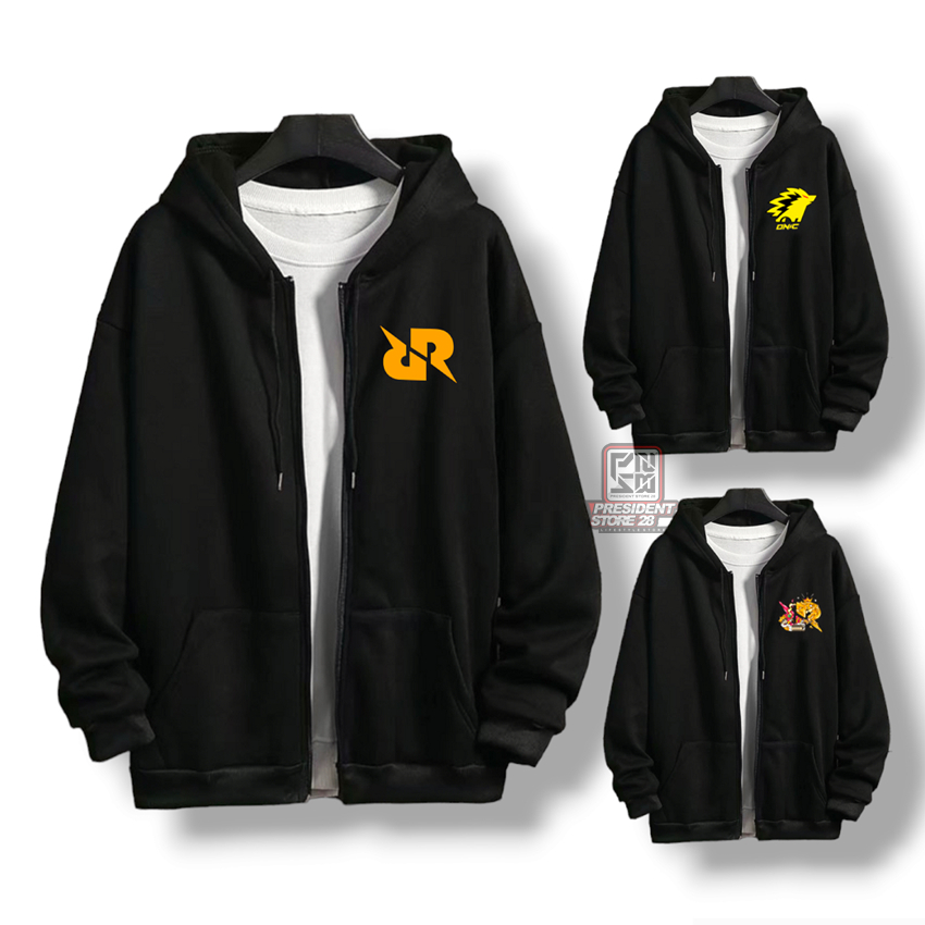 Hitam rrq SWETER JACKET - ผู้ชายสีดําซิป Hoodie rrq โลโก้ Premium Flece ...