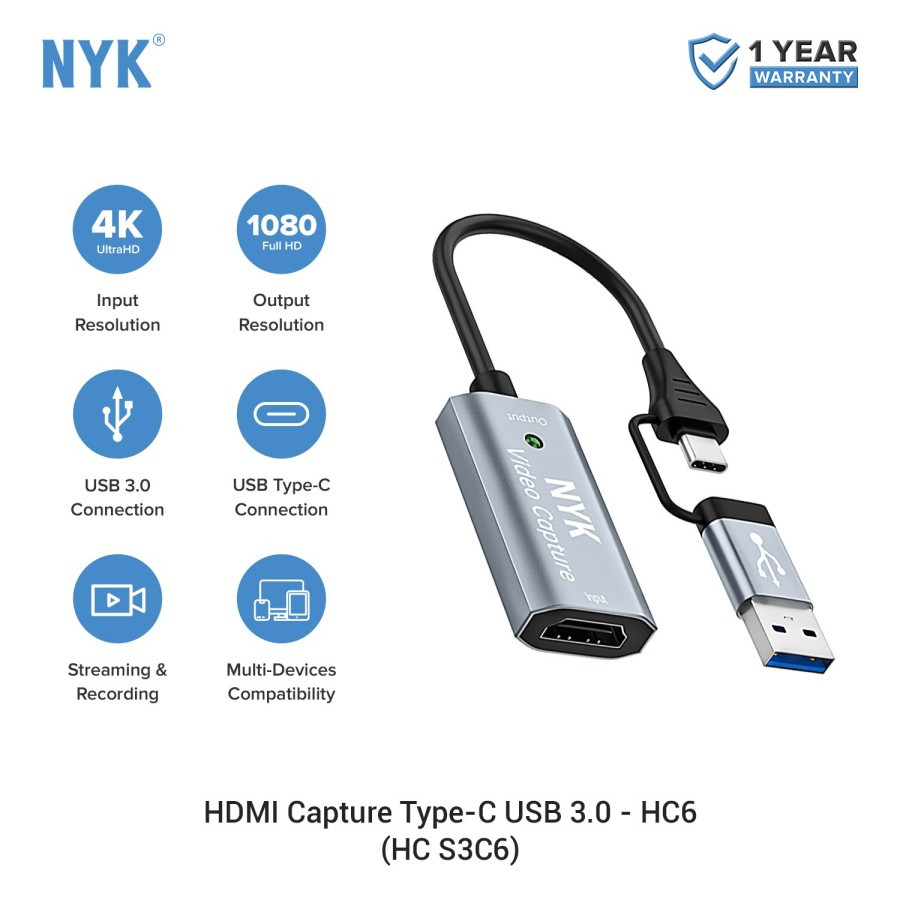 Nyk Video Capture สาย HDMI OTG USB Type C ถึง HDMI HC-6 | Shopee Thailand