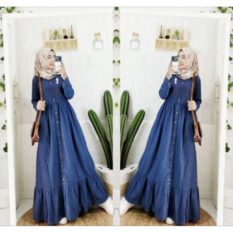 กางเกงยีนส์ Gamis Sogan Size ML XL/Drak Blue Jeans Dress/เต็มปุ่มเสื้อผ้าสตรีมุสลิม/เสื้อผ้าสตรี ...