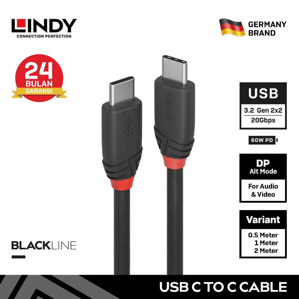 สาย USB Lindy 3.2 Gen 2x2 Type C ถึง C 20Gbps 3A PD 60W ชายกับชาย ...