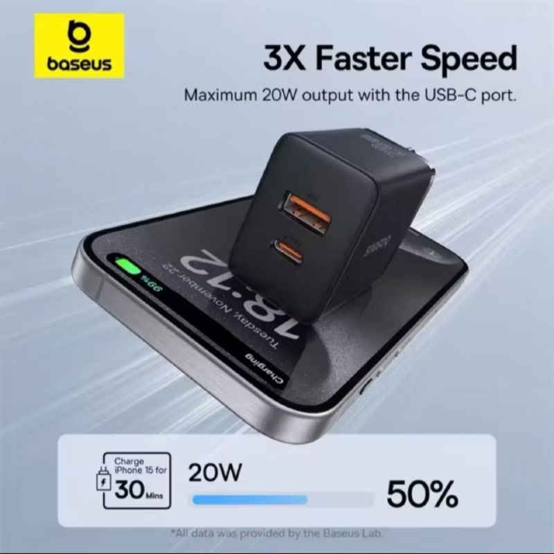 อะแดปเตอร์ชาร์จ 20W BASEUS Dual Port Usb-A DanUsb-C PD Super Fast ...