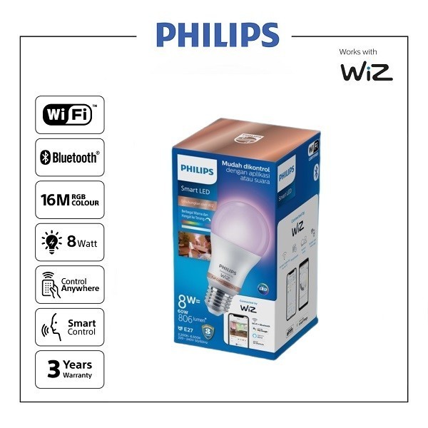 Philips หลอดไฟ LED 8W A60 E27 RGB Smart Wifi เชื่อมต่อโดย WiZ | Shopee ...