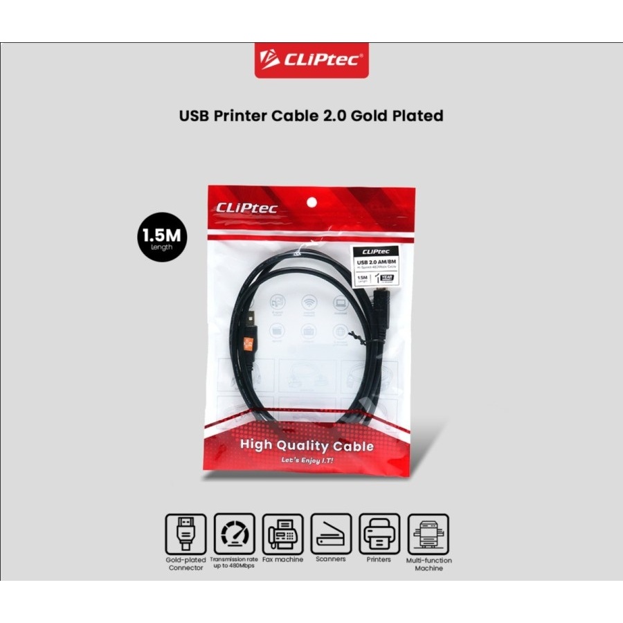 สายเครื่องพิมพ์ Cliptec USB 1.5M USB A to USB B Gold Plated USB 2.0 ...