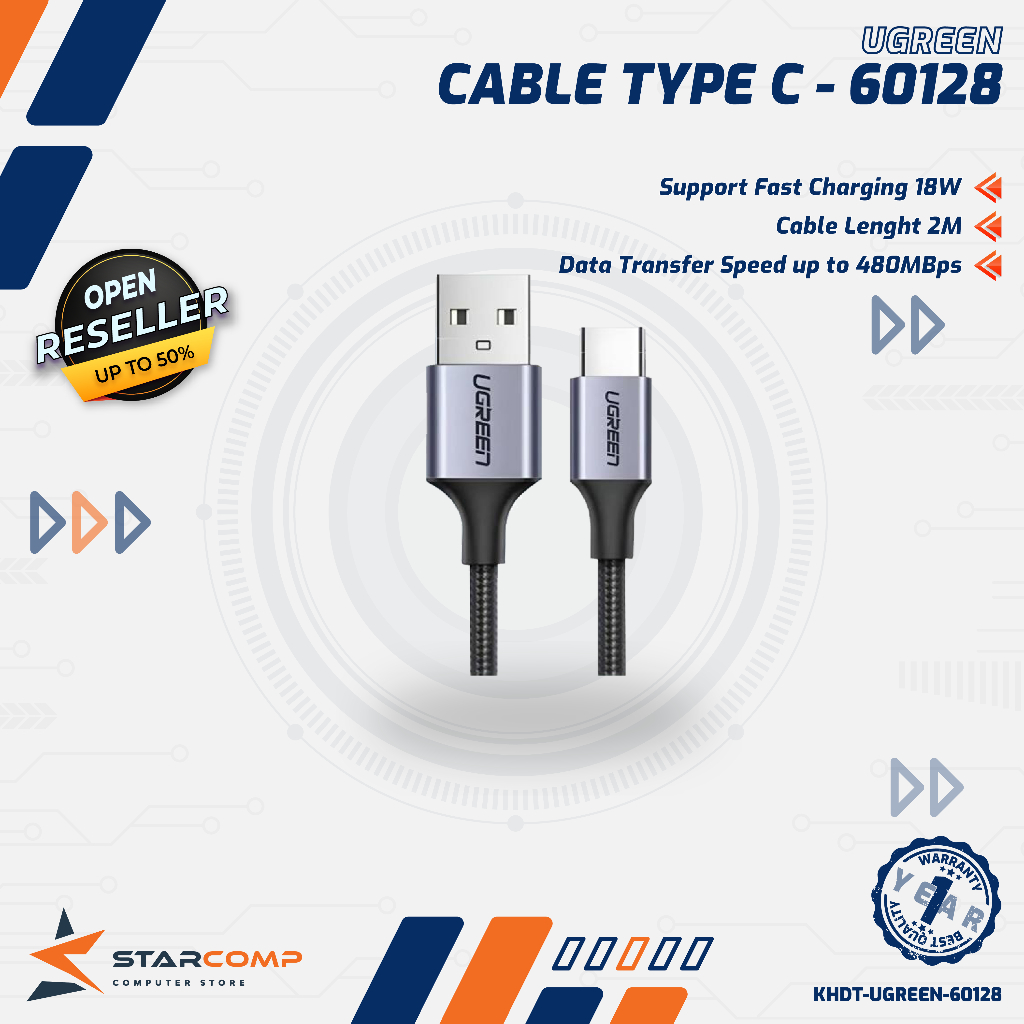 Ugreen 60128 ที่ชาร์จสายเคเบิลข้อมูล USB TYPE C 2M 3A 18W ชาร์จเร็ว QC | Shopee Thailand