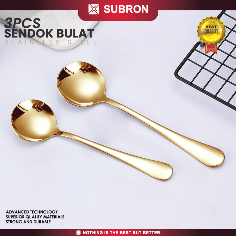 SUBRON ช้อนส้อม 3PCS ช้อนกลมขนาดใหญ่พรีเมี่ยมทองสแตนเลสหนาขนมหวานอาหาร ...