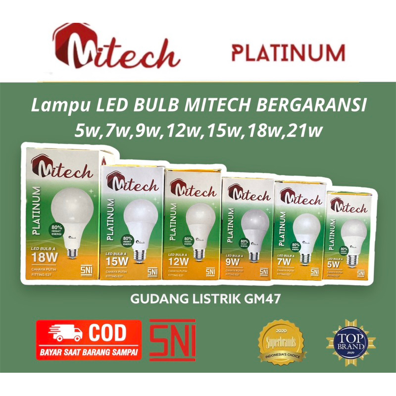 Putih Mitech PLATINUM SNI สีขาว 6500K หลอดไฟ Led | Shopee Thailand