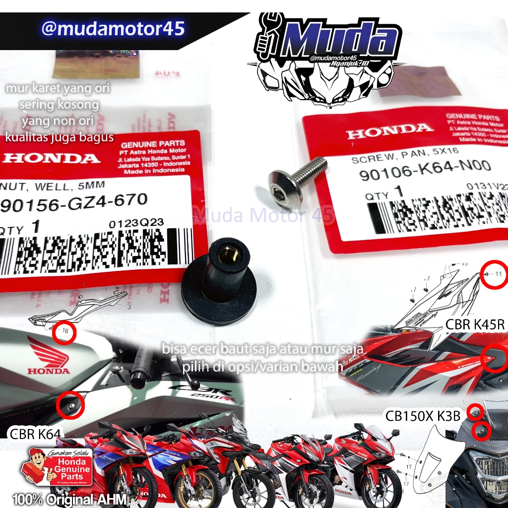 Honda SIDE BODY BOLT M5 CBR250RR CBR150R CB150X CB150R WINDSHIELD VISOR ...