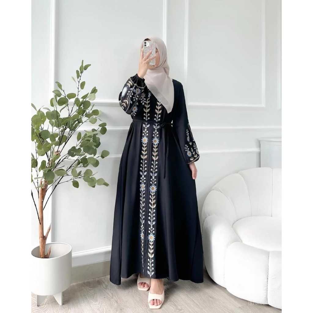 Hitam PUTIH Rauna Dress ปัก Gamis ล่าสุด Kringkel Airflow วัสดุสีดําและ ...