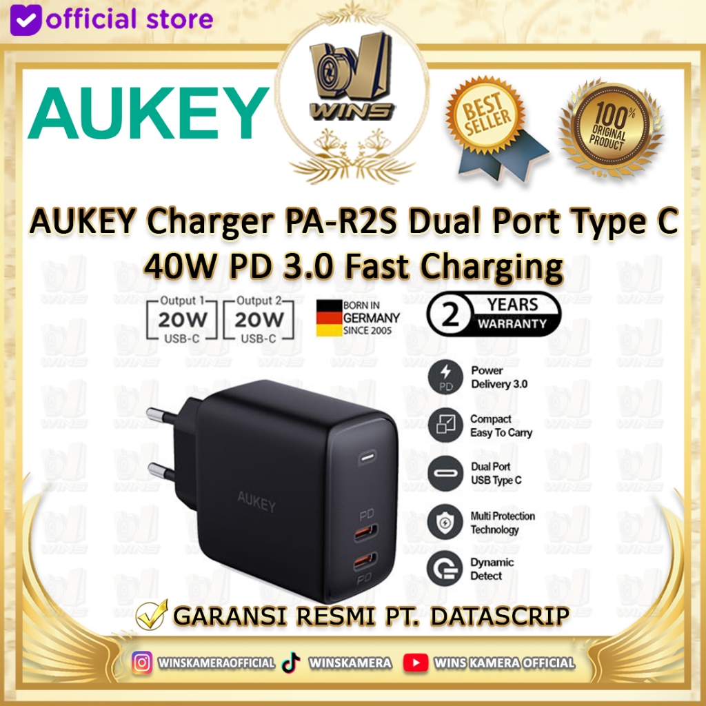 Aukey Charger PA-R2S Dual Port Type C 40W PD 3.0 Fast Charging | Shopee ...