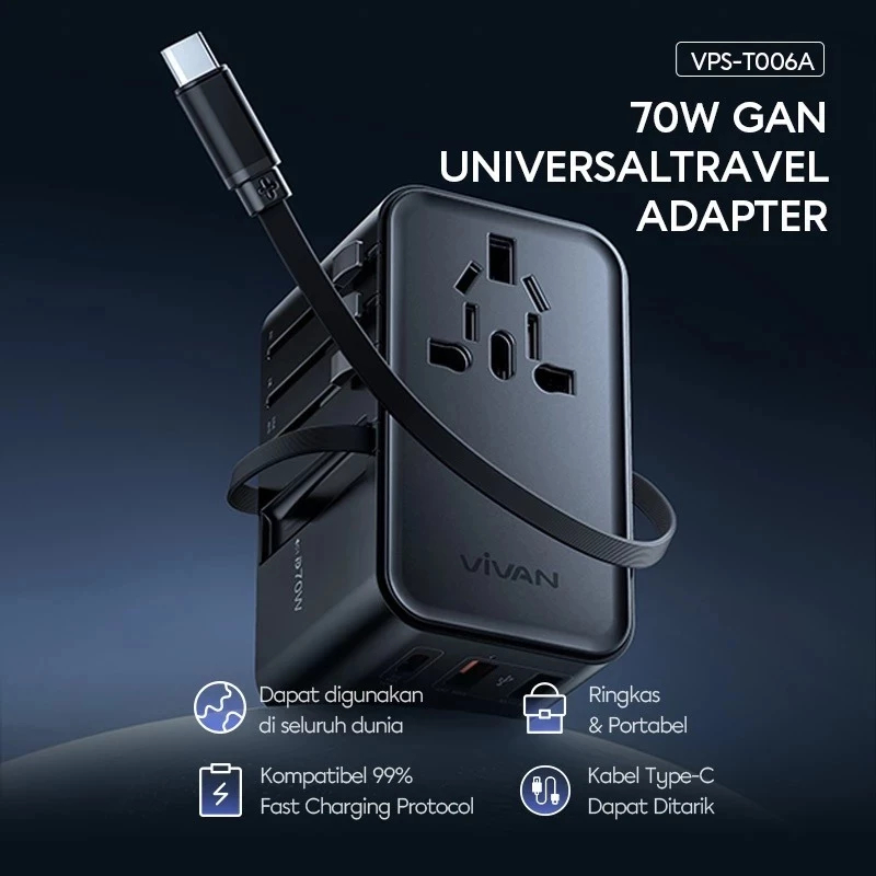 VIVAN Travel Adapter VPS-T006A Adapter Charger 70W GaN 10A PD QC 3.0 Retractable Cable Type C 5 ...