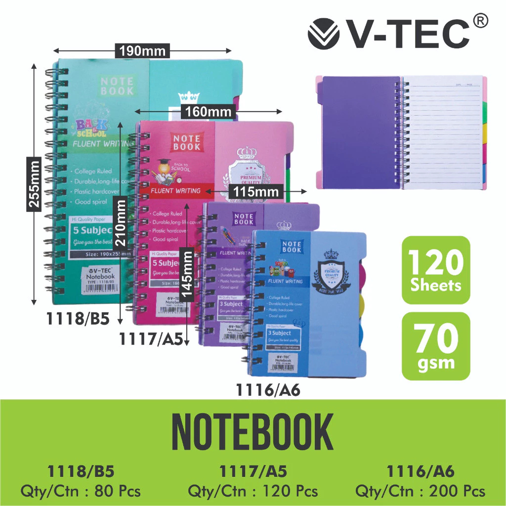 V Tec Spiral Notebook A6 A5 B5 Lined 120 แผ่น 70 แกรม - V-Tec Notebook ...