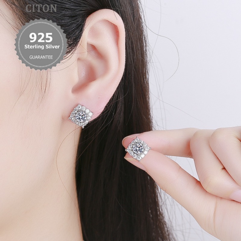 S925 เงิน Moissanite ต่างหูผู้หญิง 5A ต่างหูสตั๊ดเพทายสี่เหลี่ยม | Shopee Thailand