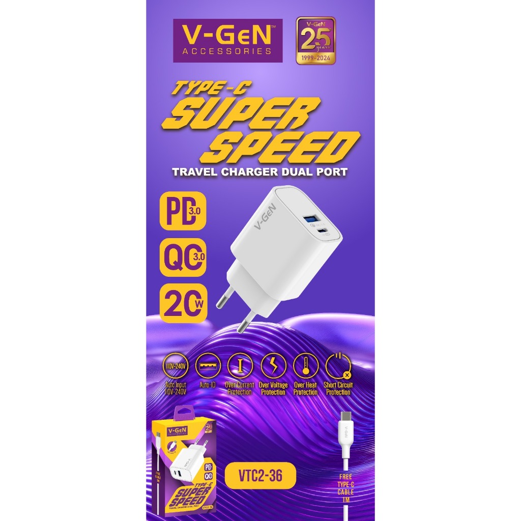 เครื่องชาร์จเดินทาง V-GeN VTC2-36 Dual Port 1 USB & 1 Type C 20W ชาร์จ ...