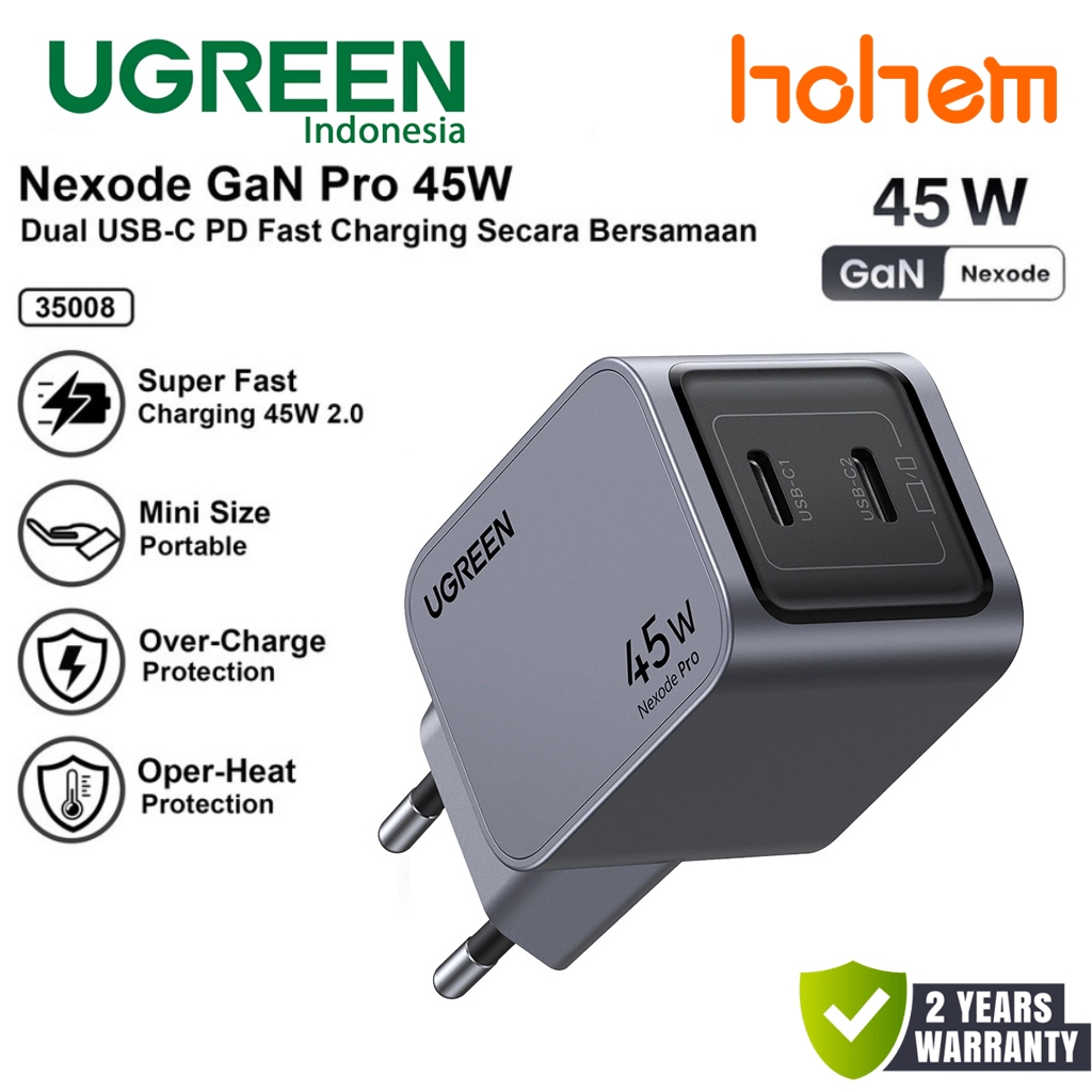 Ugreen 35008 Nexode Gan Pro 45W Dual Port 2nd Type C Output Super Fast Charging Quick Charge PD ...