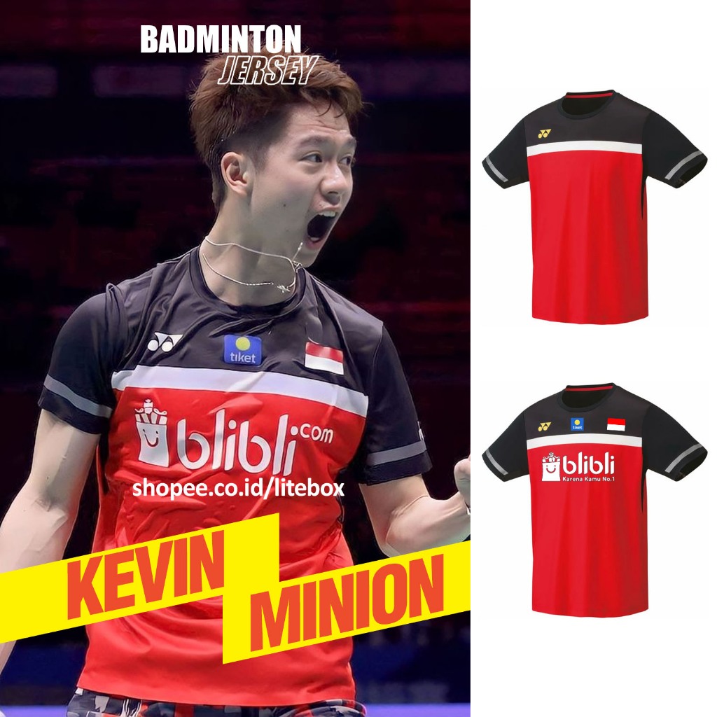 Hitam MERAH Kevin Sanjaya 1084 เสื้อแบดมินตันอินโดนีเซีย / เสื้อ ...