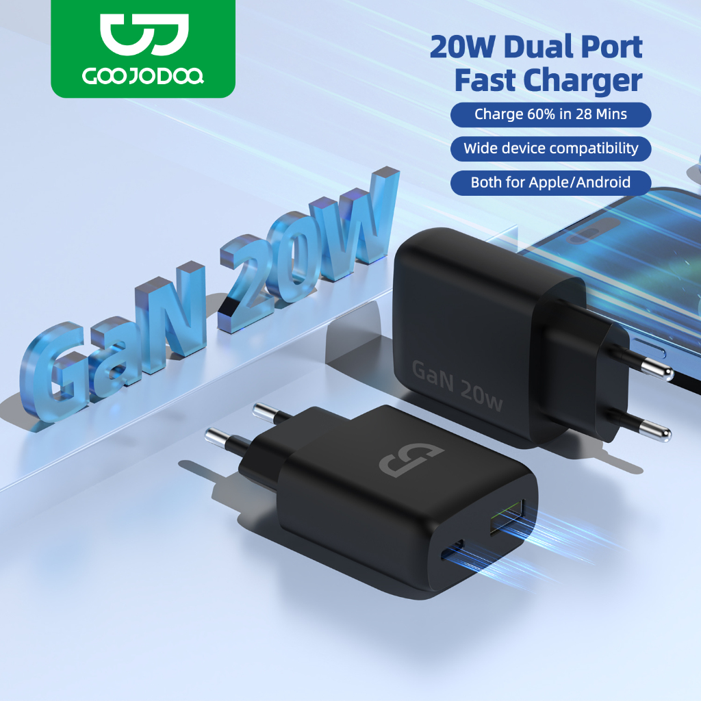 Goojodoq หัวชาร์จ 20w Dual Port Fast Charging GaN USB-A + Type C Dual ...