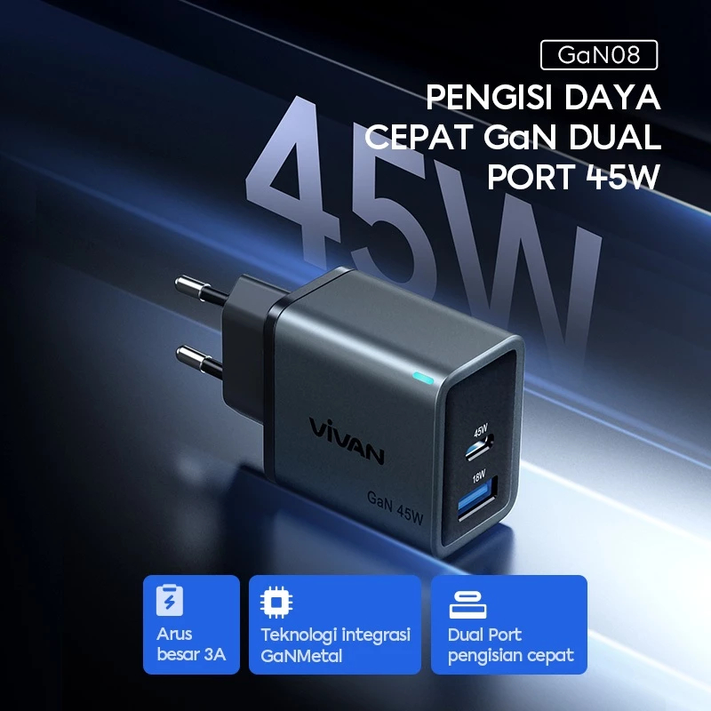 VIVAN GaN08 MINI CHARGER 3A 45W FAST CHARGING DUAL PORT TYPE-C & USB-A ...
