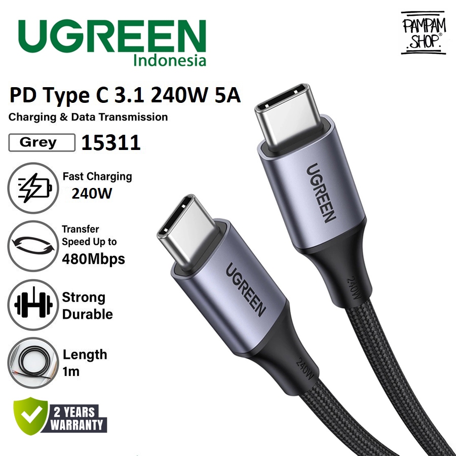 UGREEN 15311 สายเคเบิลข้อมูลไนลอน TYPE C TO TYPE C 240W 5A 1M 1 เมตร Super Fast Charging Quick ...