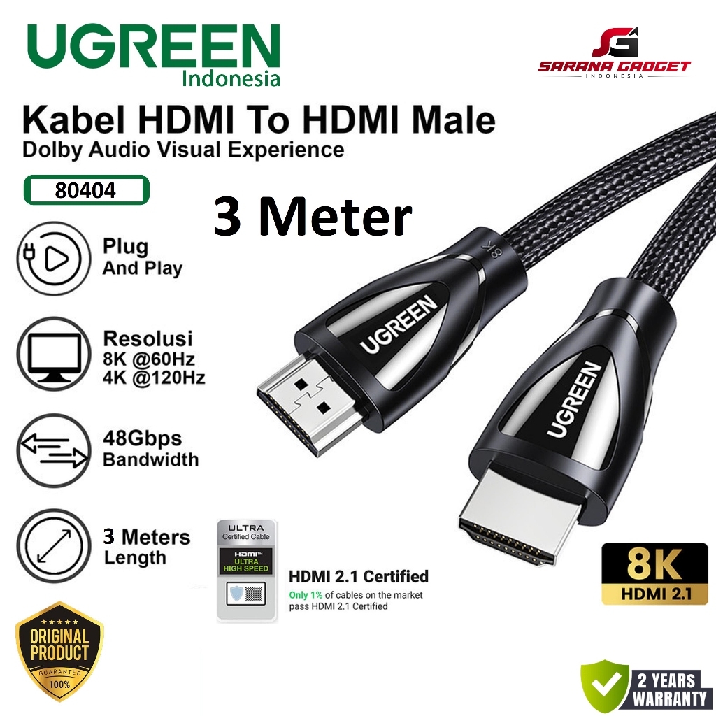Ugreen 80404 สาย HDMI 2.1 8K 60hz 8Gbps ชายกับชาย Ultra HD ความเร็วสูง HDCP2.2 4K 3 เมตร 3M สาย ...