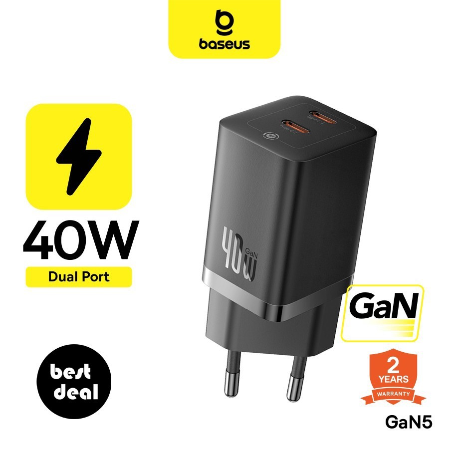 อะแดปเตอร์ BASEUS GaN5 Pro 2-Port USB-C 2C 40W - สีดํา | Shopee Thailand