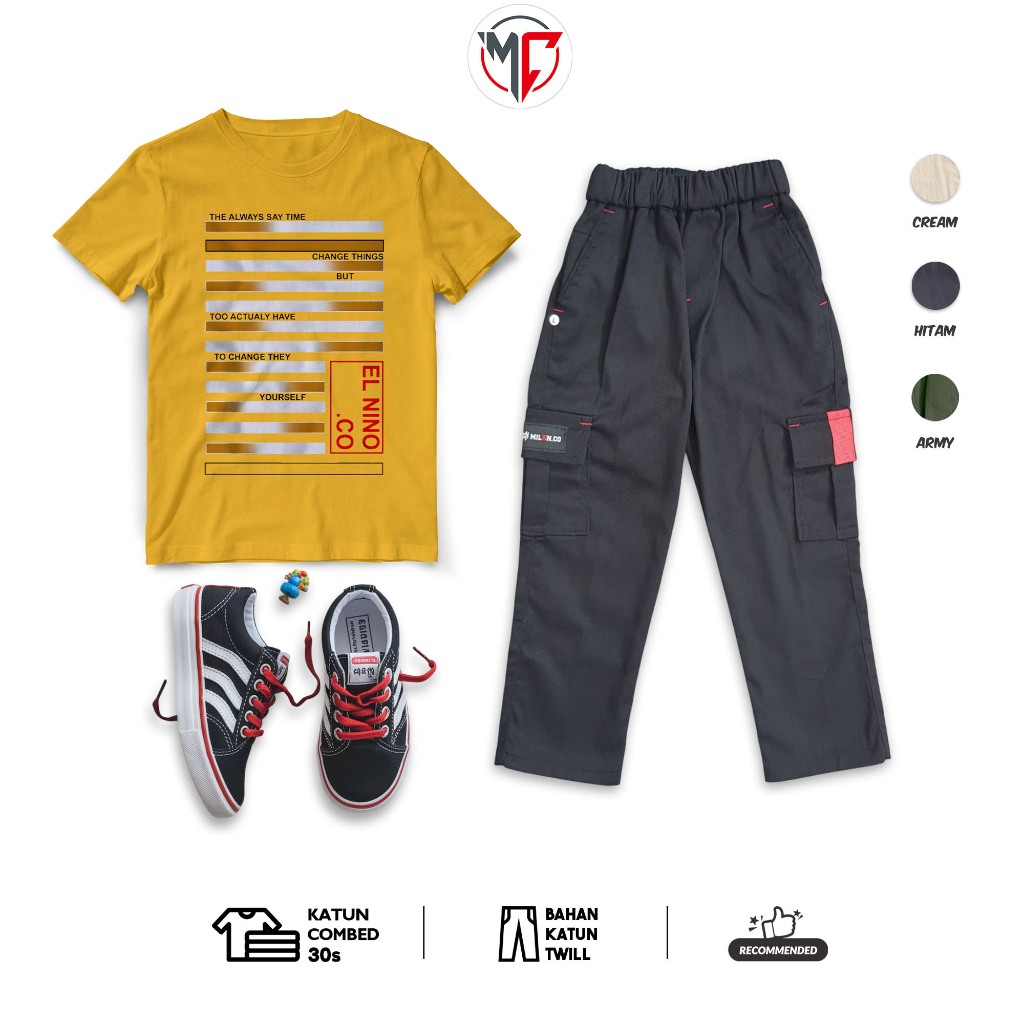 MAXIMO.CO เสื้อผ้า Distro สําหรับเด็กสีเหลืองเสมอและกางเกง Cargo Chino ...