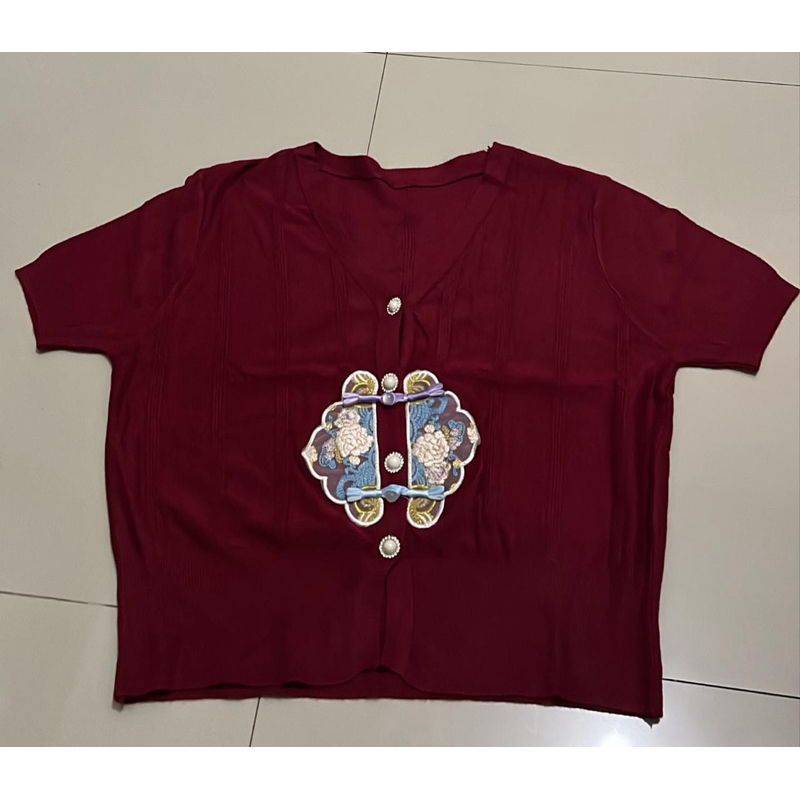 Bkk Maroon Chinese New Year Knit Button Top || ชุดกี่เพ้า Bkk | Shopee ...