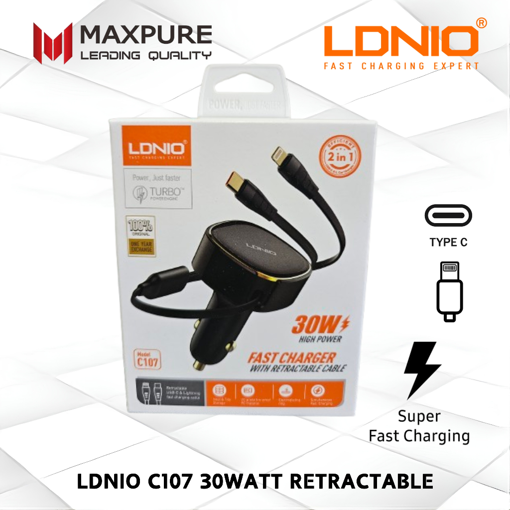 Ldnio Car Charger C107 USB C Lightning Car Adapter 2in1 Retractable Fast สายชาร์จ 30W | Shopee ...