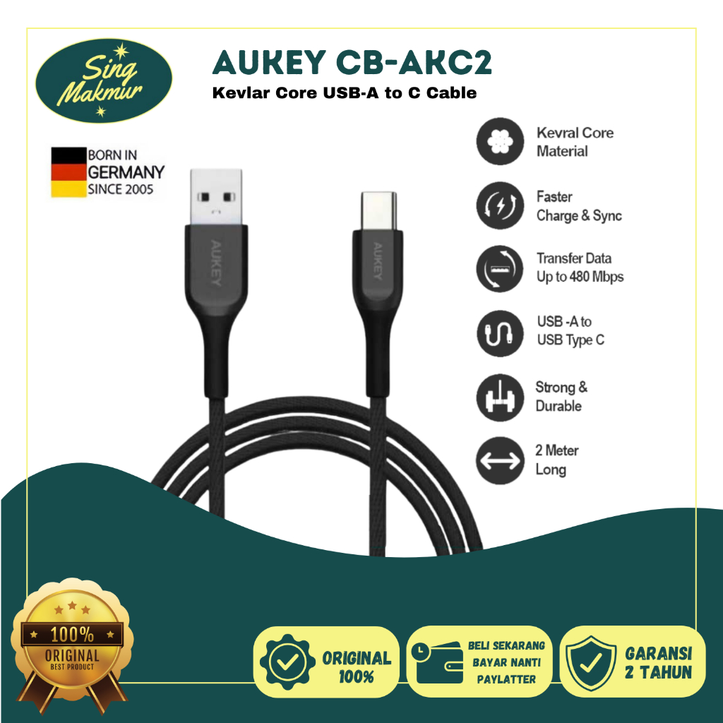 AUKEY USB-A ถึง USB-C CB-AKC2 สายชาร์จ Kevlar Core 2M | Shopee Thailand