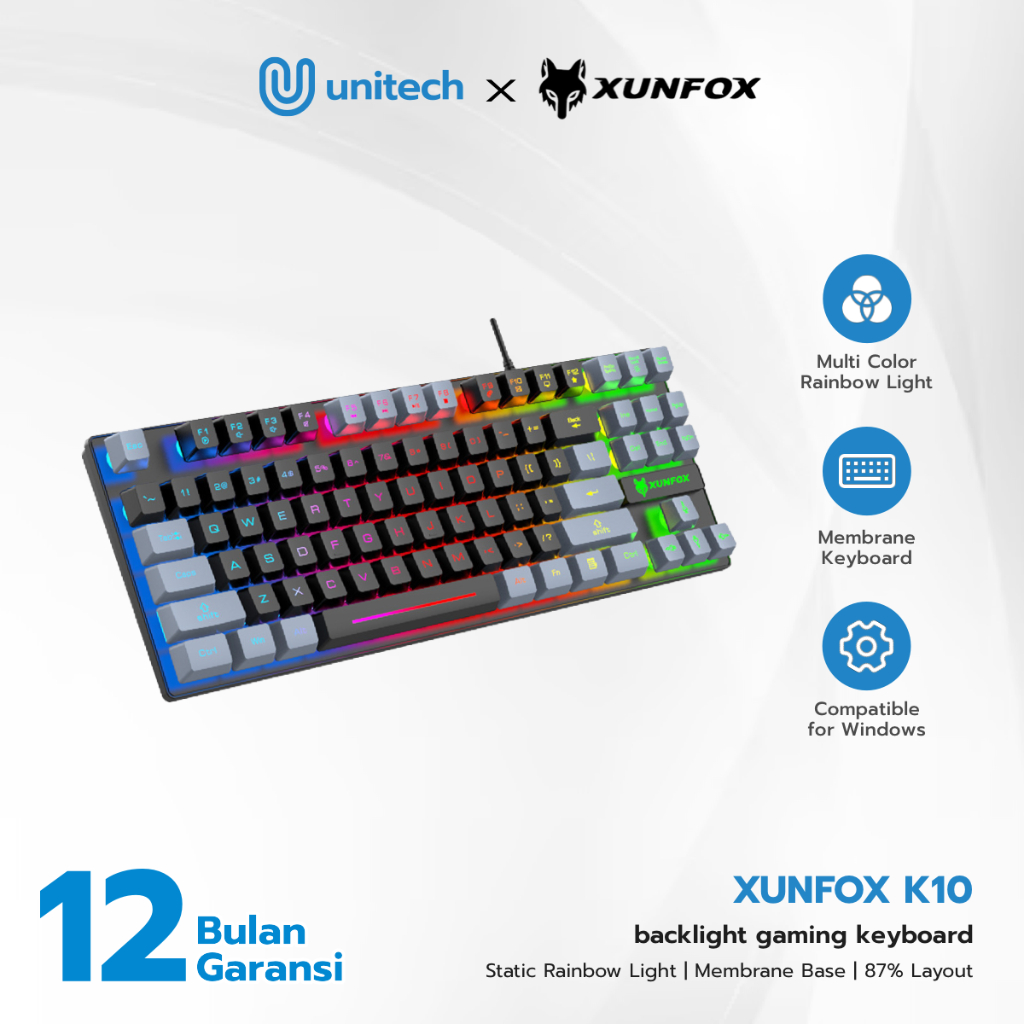 XunFox K10 คีย์บอร์ดเกมแบบมีสายเมมเบรนสวิตช์ยางสายรุ้ง 87 คีย์เค้าโครง ...