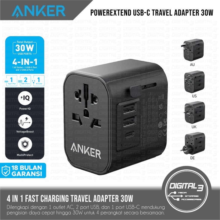 Anker 4 in 1 PowerExtend 312 Travel Adapter 30W Outlet Extender ...