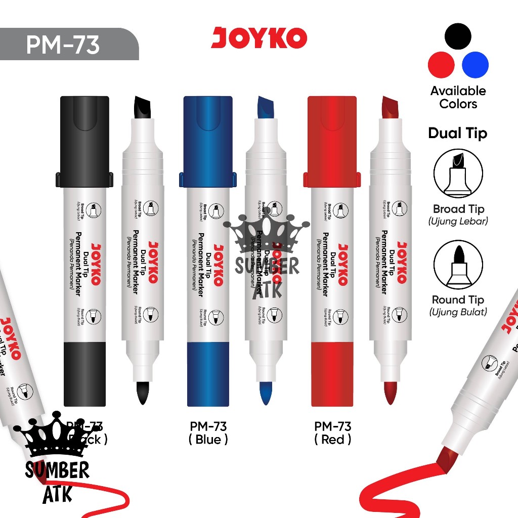 MERAH ปากกามาร์กเกอร์ถาวรแบบ Dual Tip Joyko PM-73 BLACK BLUE RED Broud ...