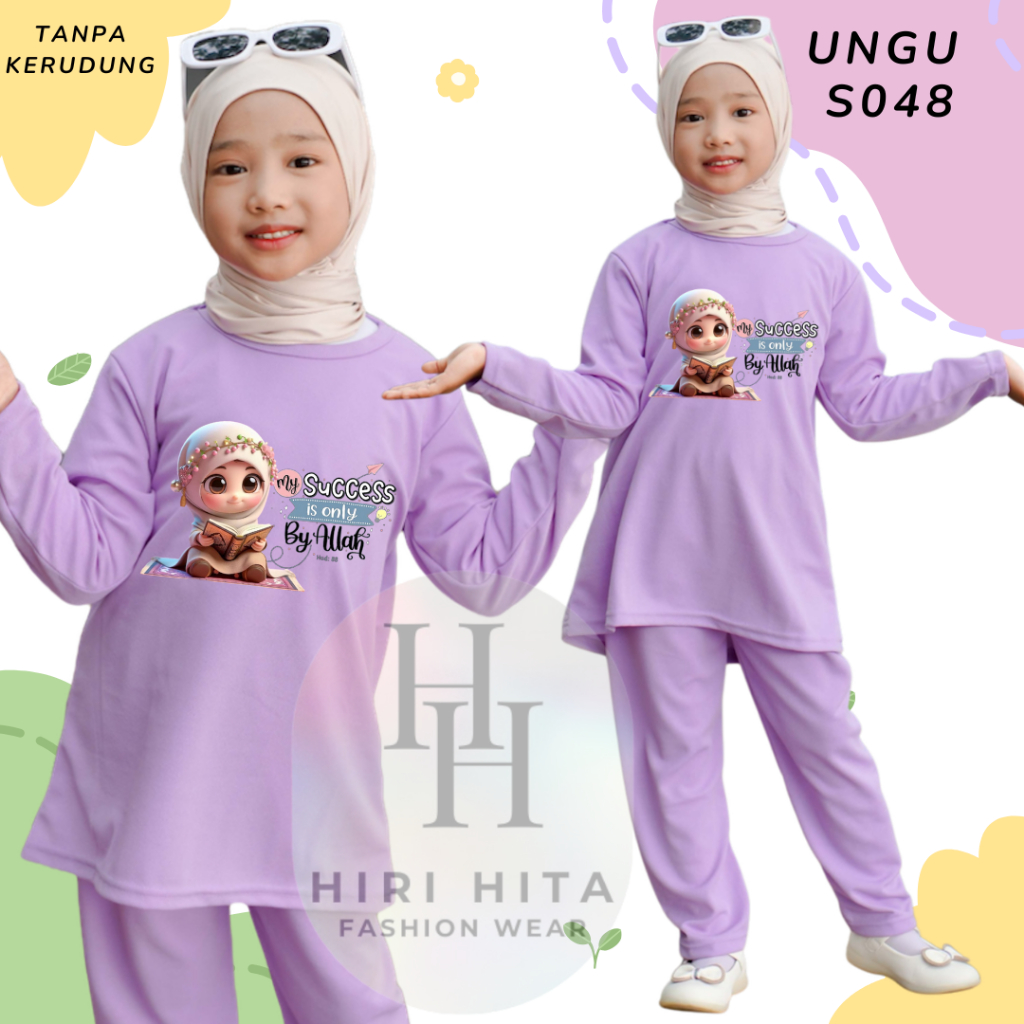 Hirihita S048 มุสลิม Tunic Suit One Set Long Top and Pants Girls Screen Printing Dress | Shopee ...