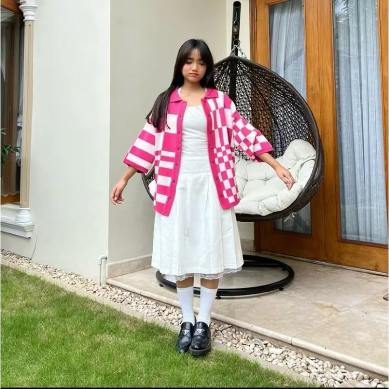 FUJI CARDIGAN KNITWEAR ผู้หญิง PLAID KNITTED OVERSIZE 3/4 SLEVES หรือ ...