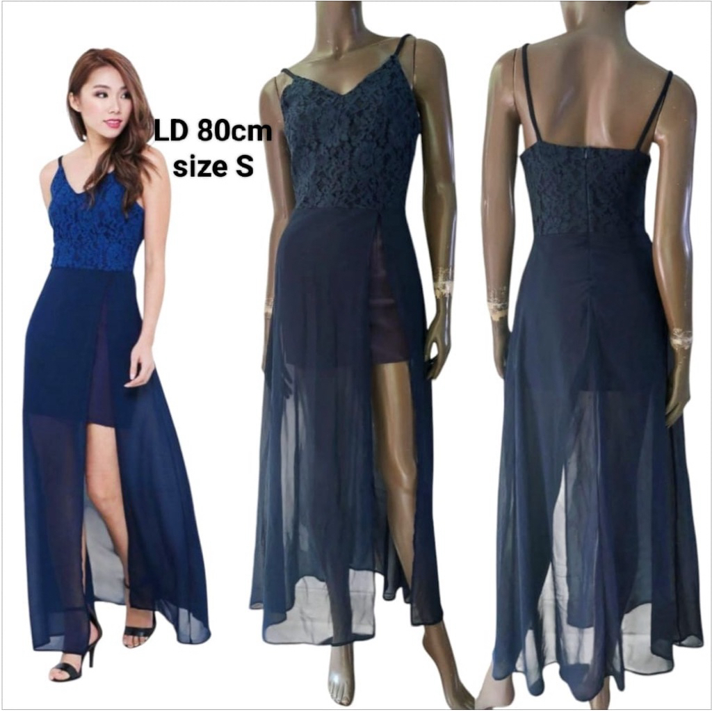 Preloved branded original แม็กซี่เดรสลูกไม้สีกรมท่า | Shopee Thailand