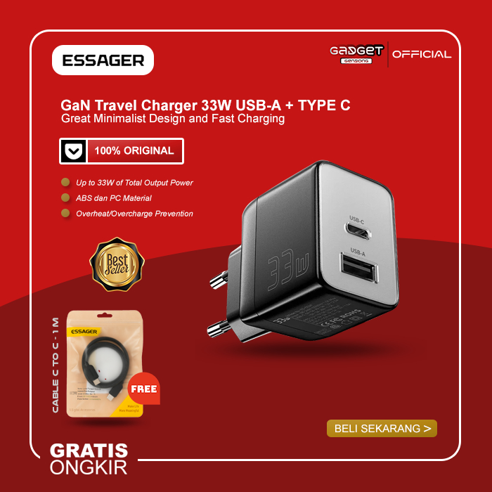 ESSAGER GaN Fast Travel Charger 33W Dual Port EU Plug USB-A + Type C | Shopee Thailand
