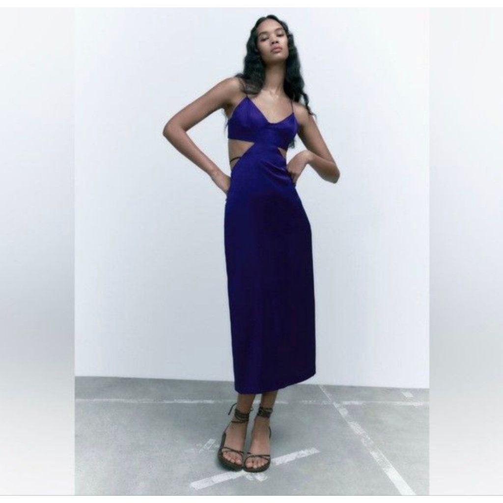 ZARA BLUE SATIN MIDI DRESS BACKLESS | Shopee Thailand