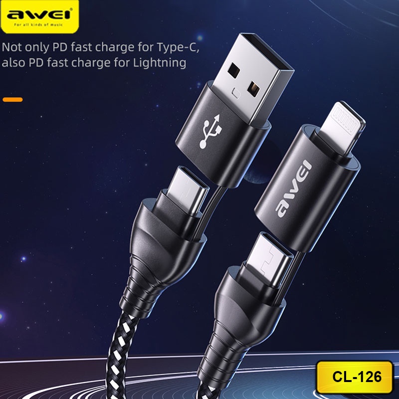 Awei CL-126 4 in 1 สายเคเบิ้ลวันที่ 60W ชาร์จเร็ว สําหรับ iPhone ...