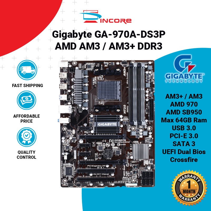 เมนบอร์ดซ็อกเก็ต Gigabyte GA-970A-DS3P DS3 D3 AM3+ AM3 DDR3 AMD 970A ...