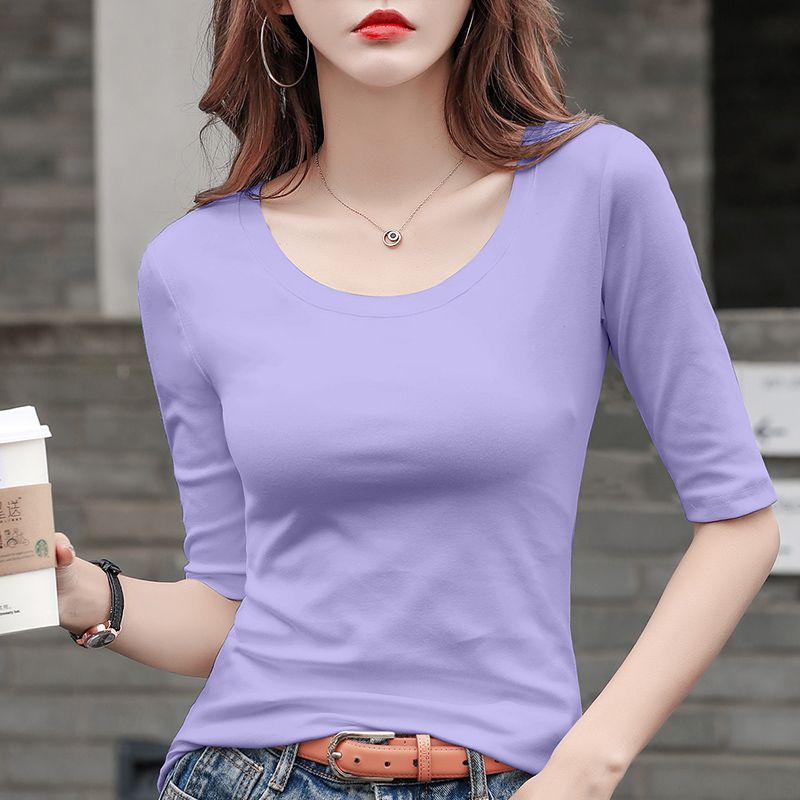 Pure White Womens Seven-point sleeve Top Pure Cotton Mid-shirt Spring ...