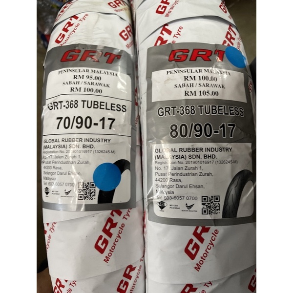 Tayar MOTORSIKAL GRT GRT368 หลอดทูปเลส 70/90-17 80/90-17 GRT-368 (รูป ...