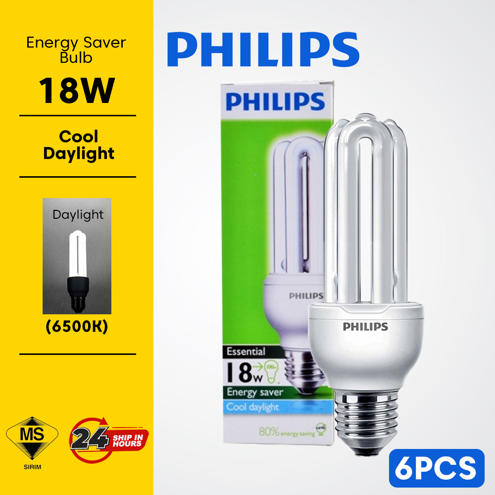 Philips ESSENTIAL ENERGY SAVER BULB 18W DAYLIGHT - 6 ชิ้น | Shopee Thailand