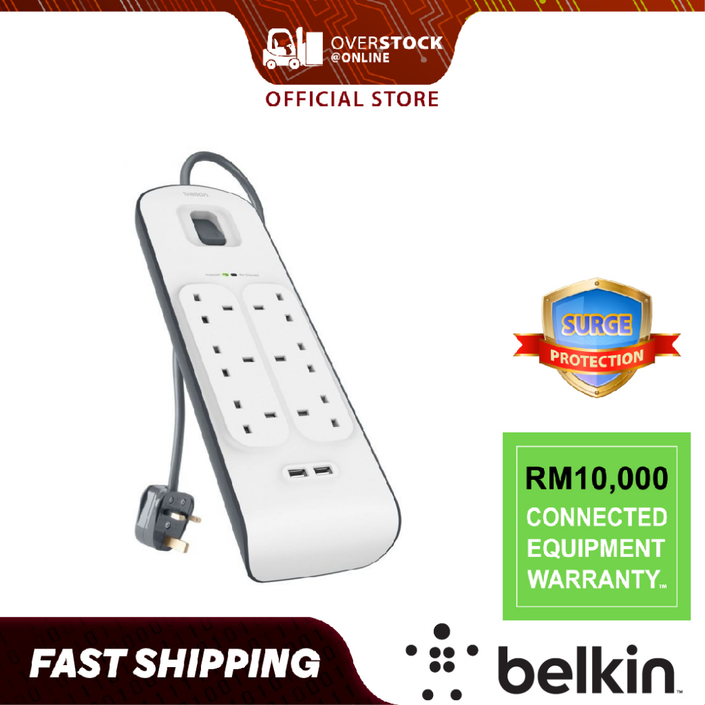 Belkin BSV604SA2M ตัวป้องกันไฟกระชาก พร้อม 6 Gang 2 USB ความยาว 2 เมตร ...