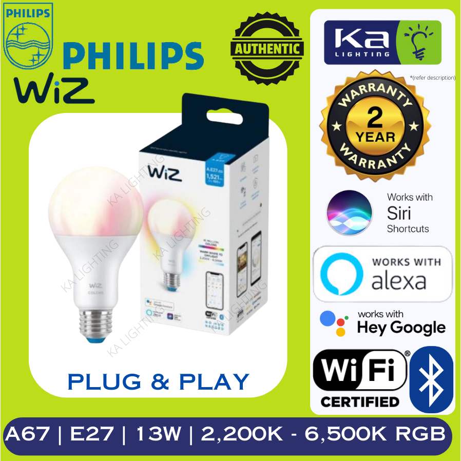 Philips WiZ E27 หลอดไฟอัจฉริยะ LED สีขาว ปรับแต่งได้ (A67 13W 2700K-6500K +RGB) | Shopee Thailand