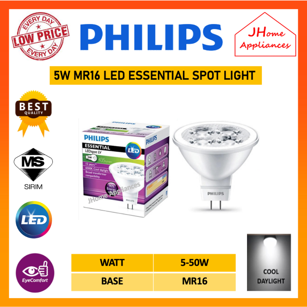 Philips หลอดไฟ LED MR16 12V 5W (5-50W) MR16 GU5.3 (แสงเย็น 6500K) LAMPU | Shopee Thailand