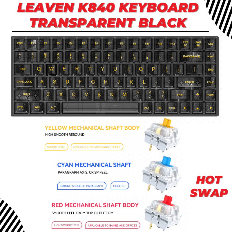 Leaven K840 โปร่งใส Keycap คีย์บอร์ด Hot Swappable คีย์บอร์ด RGB Light 84Key แบบมีสาย Type-C ...