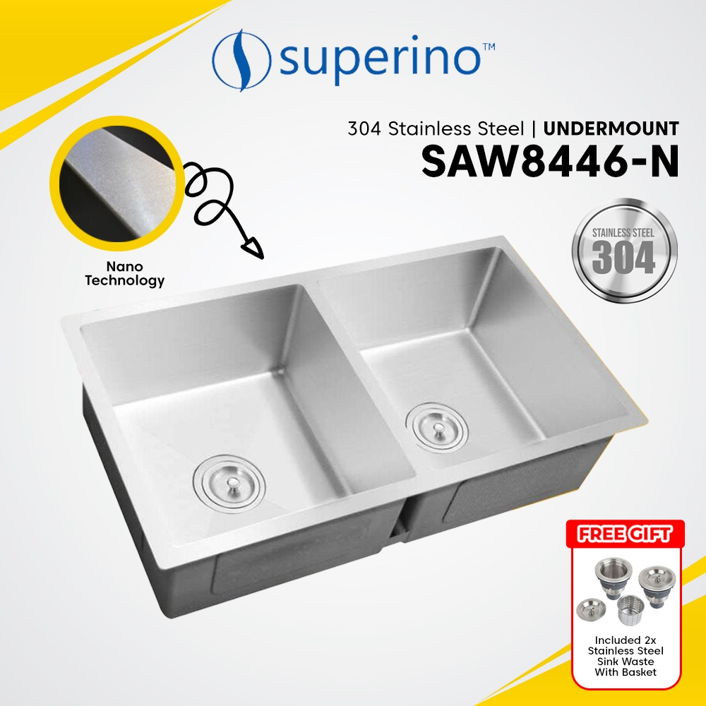 Superino NANO SUS304 ชามคู่ อ่างล้างจานสแตนเลส SAW 8446-N | Shopee Thailand